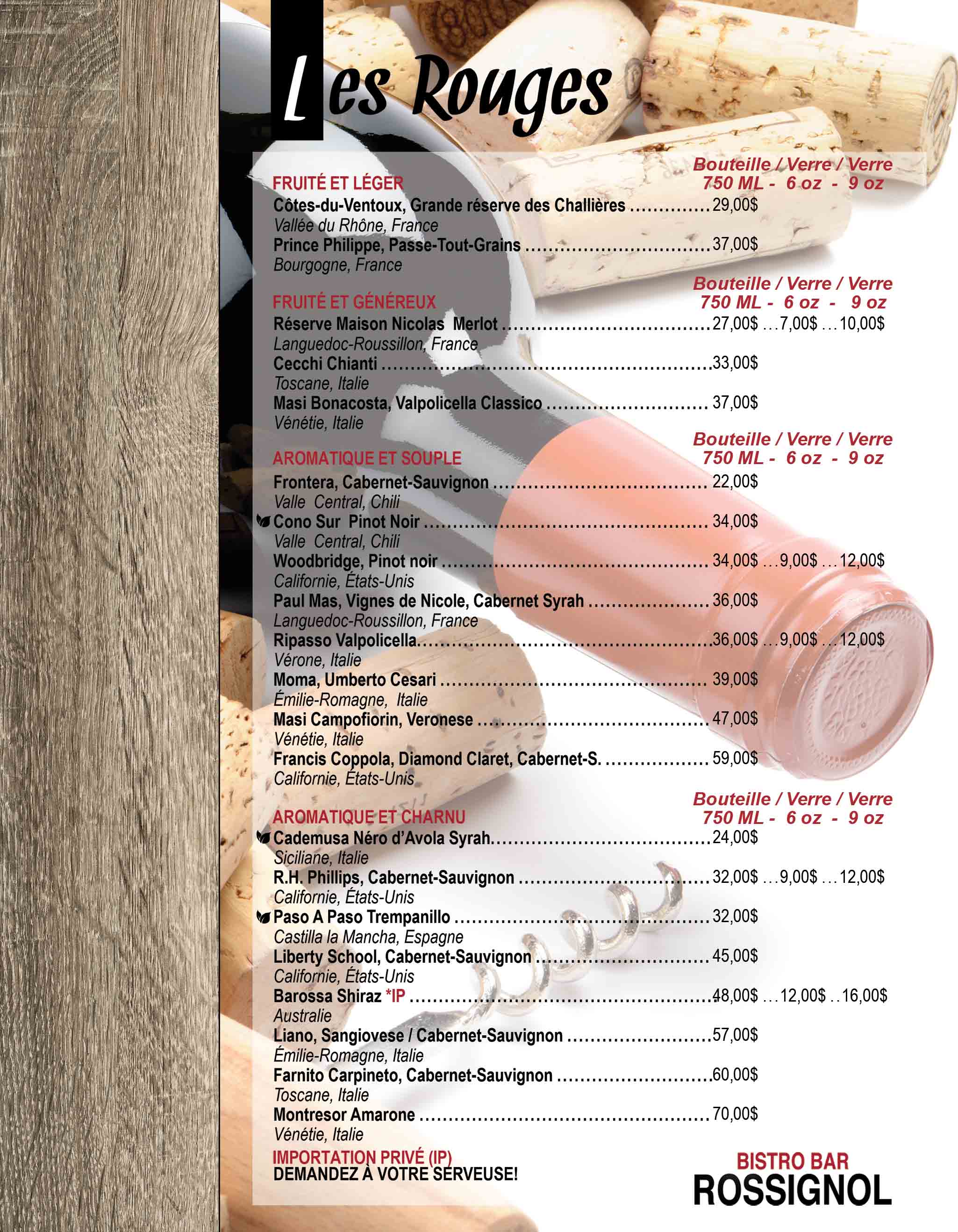 Carte des vins | Bistro Rossignol
