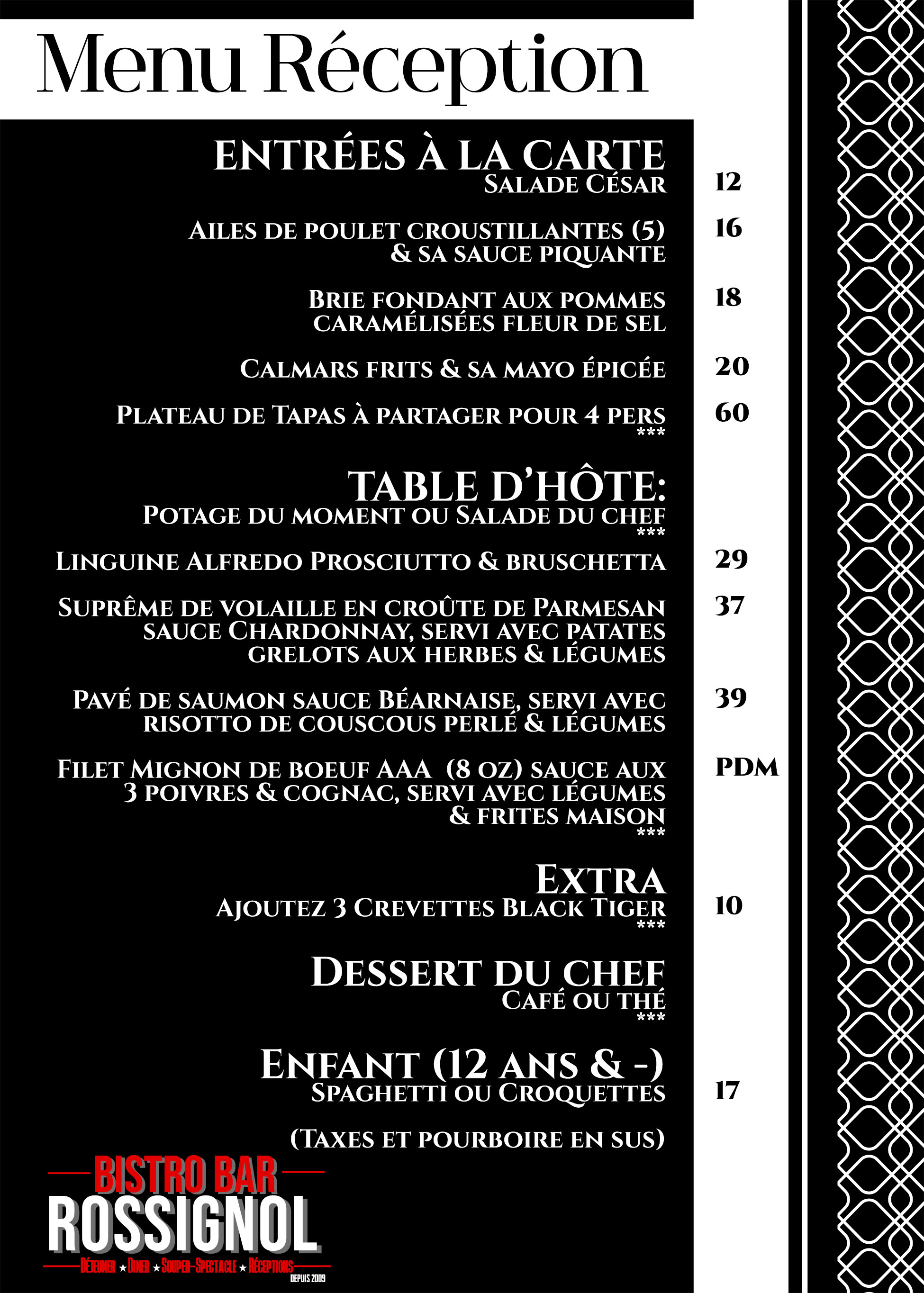 Menu Réception | Bistro Rossignol