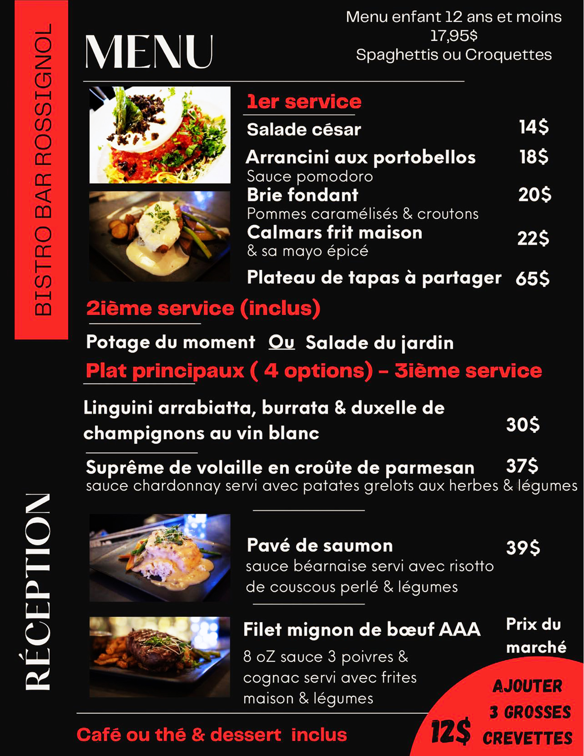 Menu Réception | Bistro Rossignol